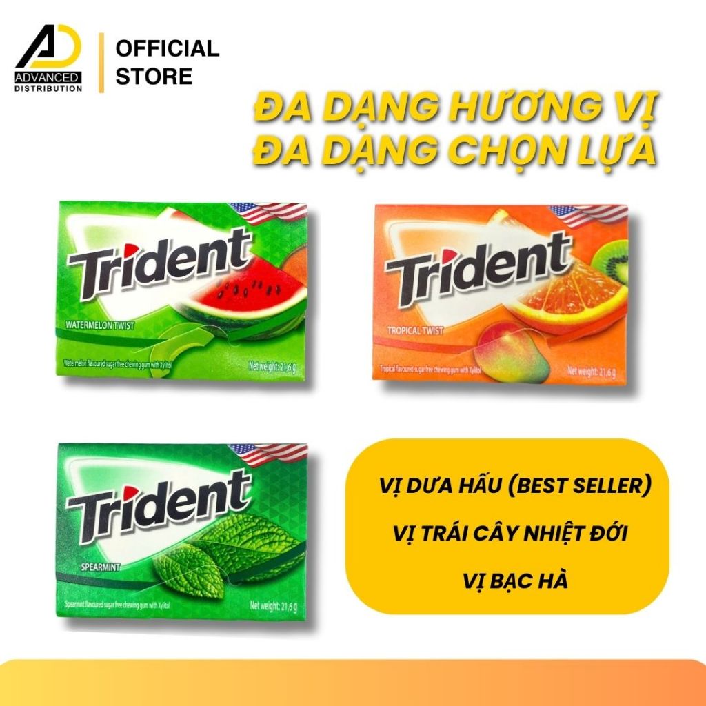 COMBO Mix 3 Kẹo Gum Trident - 12 Tép - Dưa Hấu - Bạc Hà - Trái Cây ...