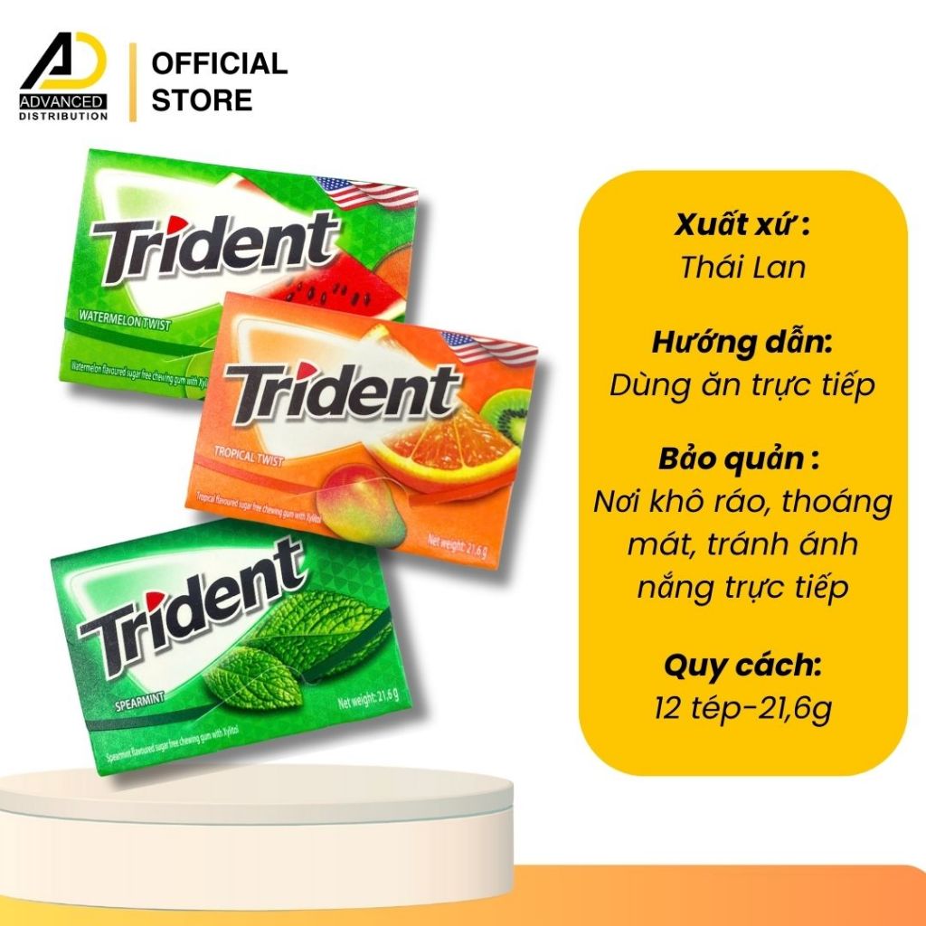 COMBO Mix 3 Kẹo Gum Trident - 12 Tép - Dưa Hấu - Bạc Hà - Trái Cây ...