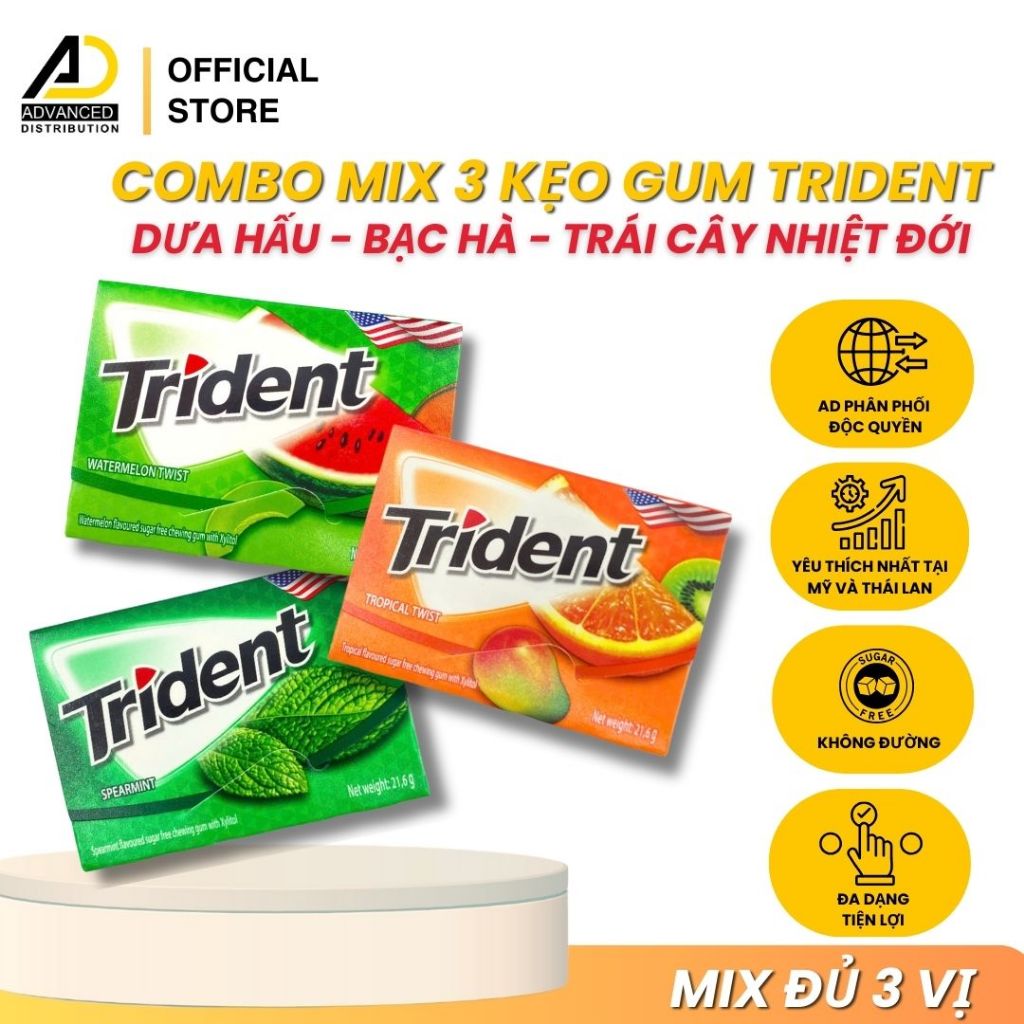 COMBO Mix 3 Kẹo Gum Trident - 12 Tép - Dưa Hấu - Bạc Hà - Trái Cây ...