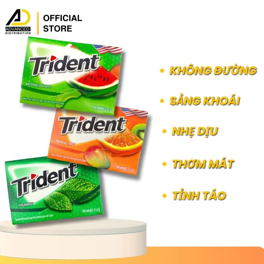 COMBO Mix 3 Kẹo Gum Trident - 12 Tép - Dưa Hấu - Bạc Hà - Trái Cây ...